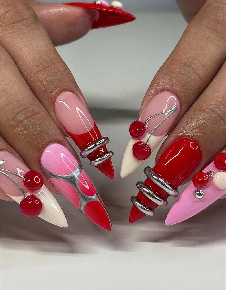 Cherry Bomb Press On Nails | Red & Pink Fruit-Inspired Nail Art | Hand ...
