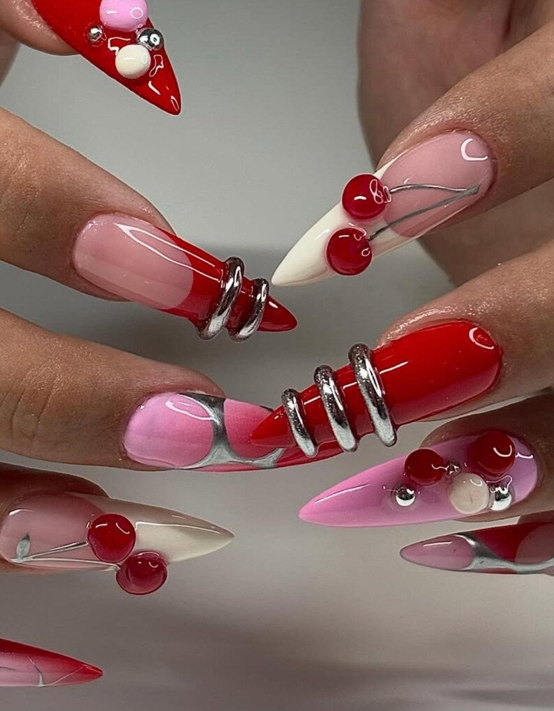 Cherry Bomb Press On Nails | Red & Pink Fruit-Inspired Nail Art | Hand ...
