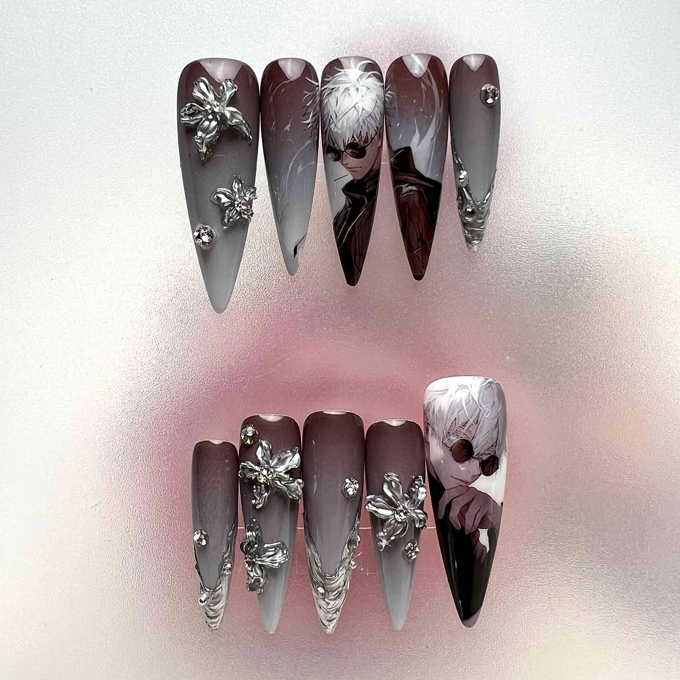 Gojo Satoru Nails – Jujutsu Kaisen JJK Press-On Set, 3D Silver Flower ...