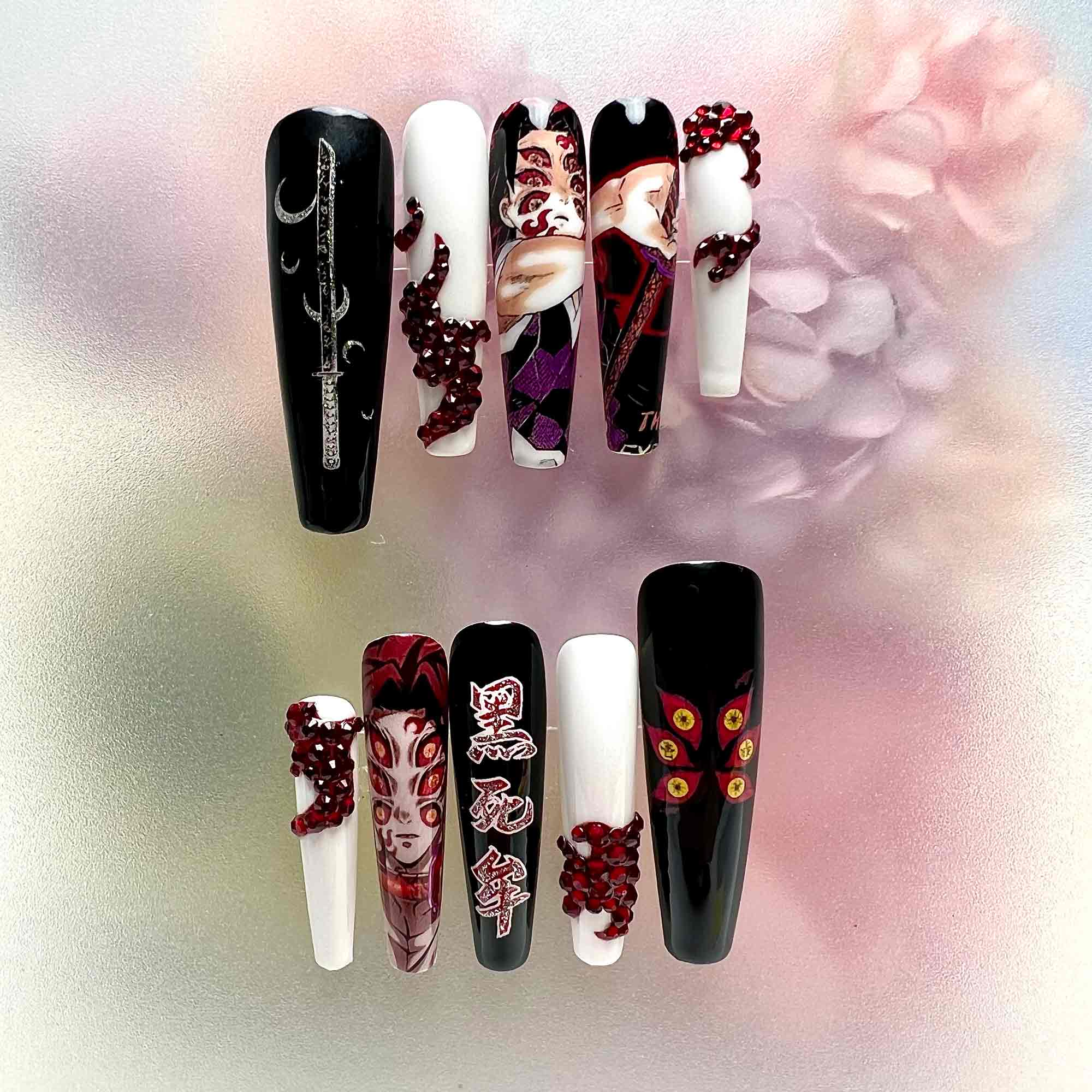 Kokushibo Nails – Demon Slayer KNY Press-On Set, 3D Red Crystal Six Ey ...