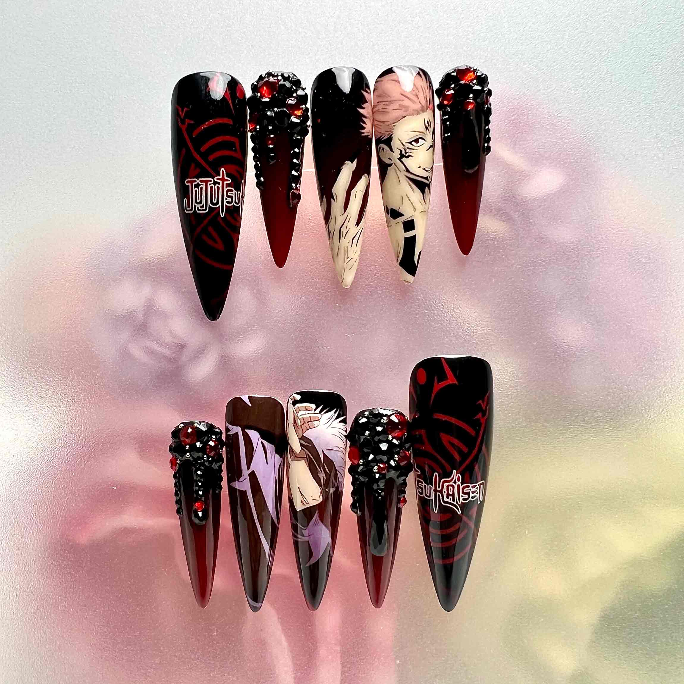 Ryomen Sukuna Nails – Jujutsu Kaisen JJK Press-On Set, 3D Red Crystal ...